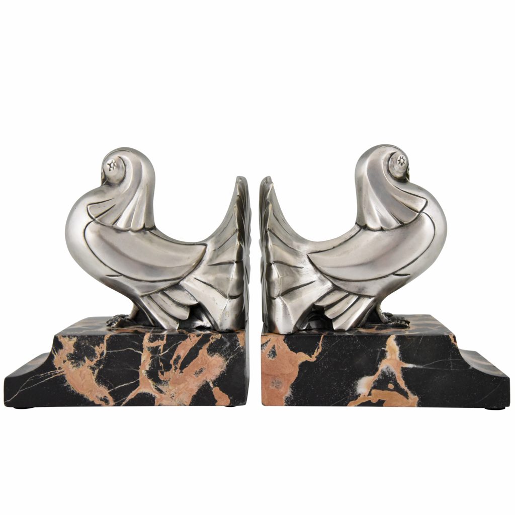 Art Deco silvered bronze dove bookends - Deconamic
