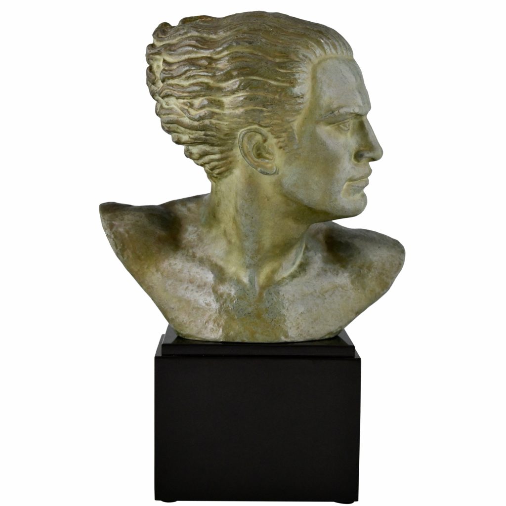 Art Deco bronze sculpture male bust aviator Jean Mermoz - Deconamic