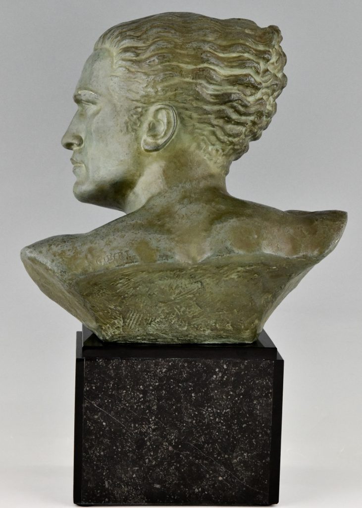 Art Deco bronze sculpture male bust aviator Jean Mermoz - Deconamic