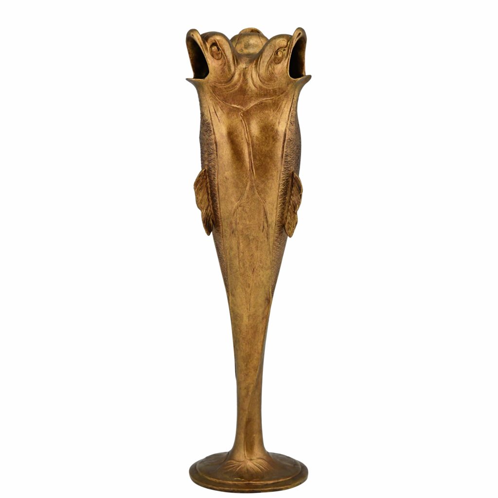 Art Nouveau pewter vase with 3 upright fish - Deconamic
