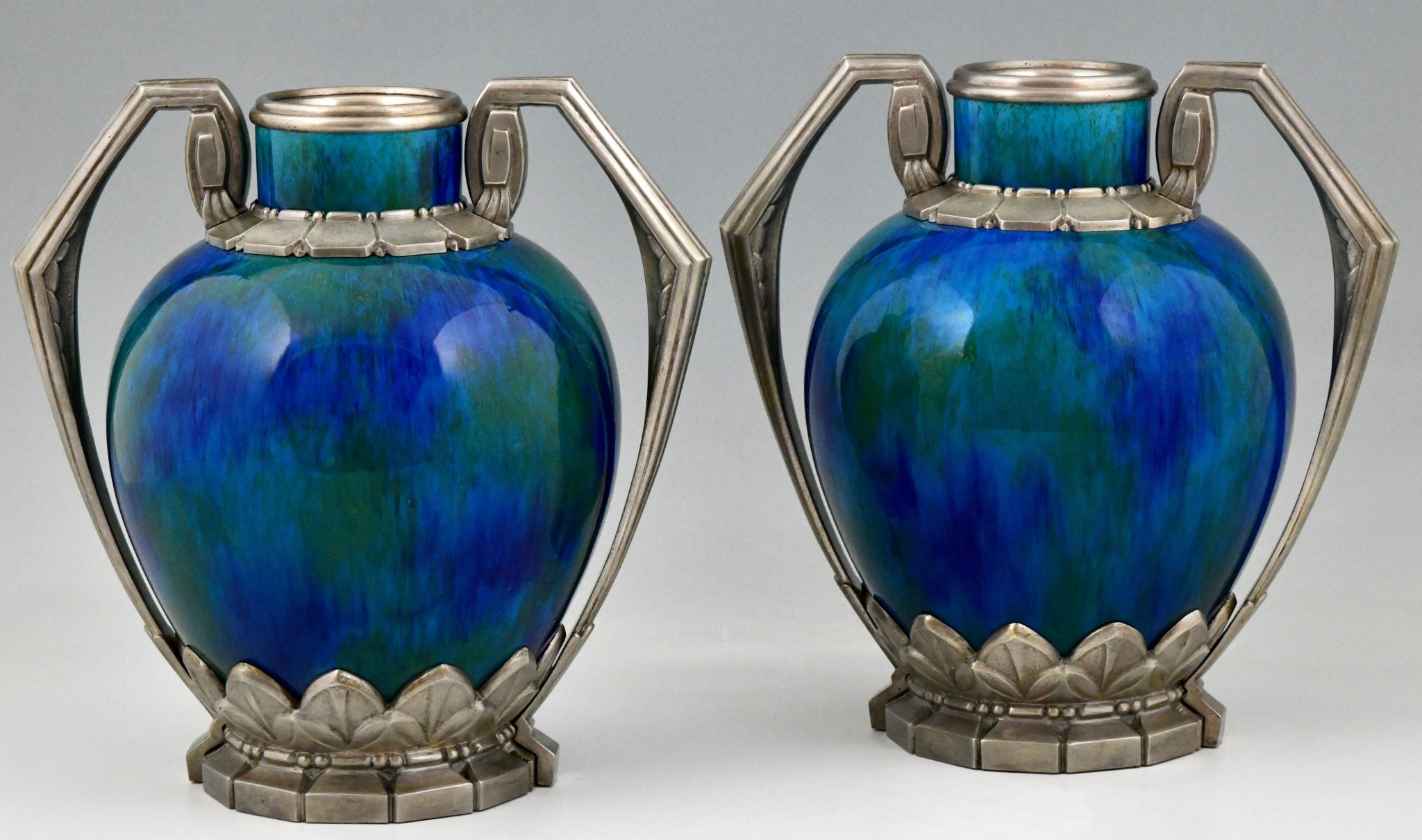 Pair of Art Deco vases blue green ceramic and bronze - Deconamic