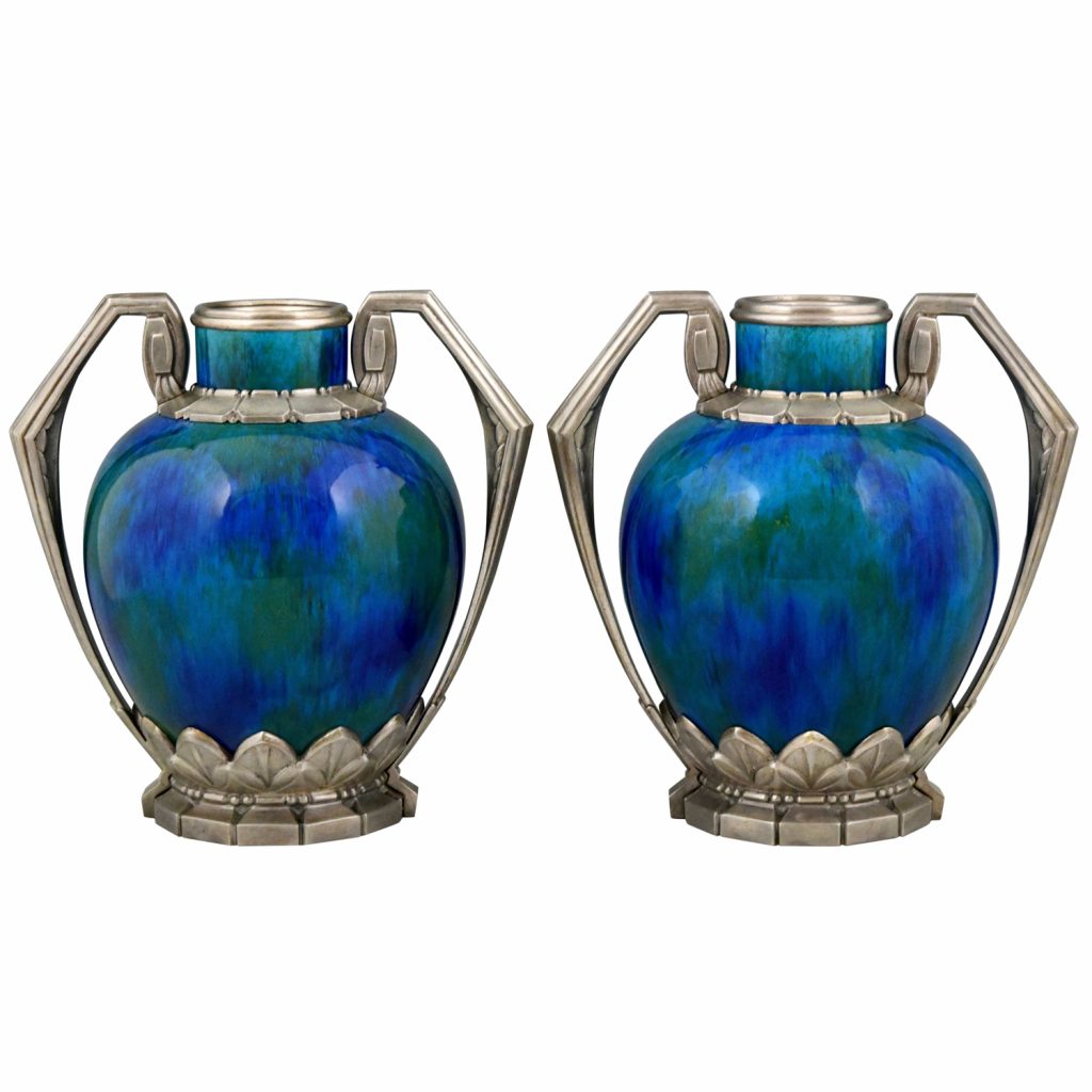 Pair of Art Deco vases blue green ceramic and bronze - Deconamic