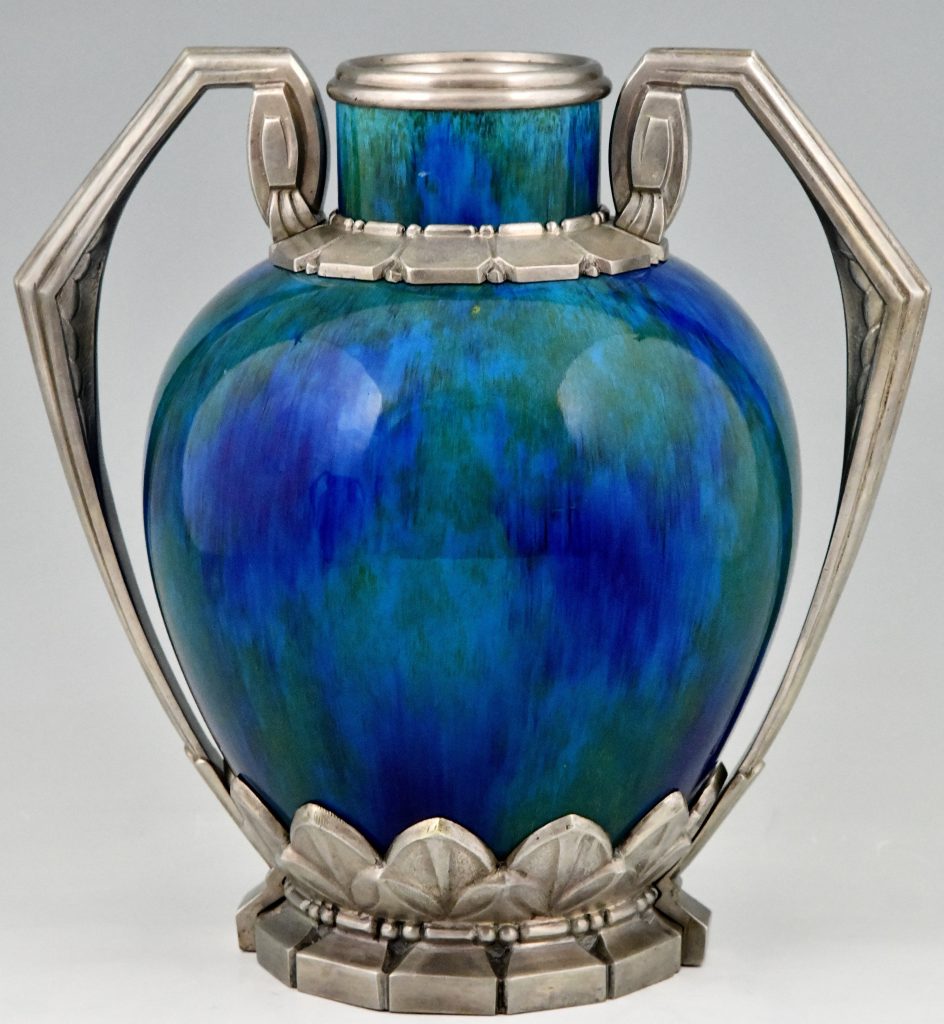Pair of Art Deco vases blue green ceramic and bronze - Deconamic