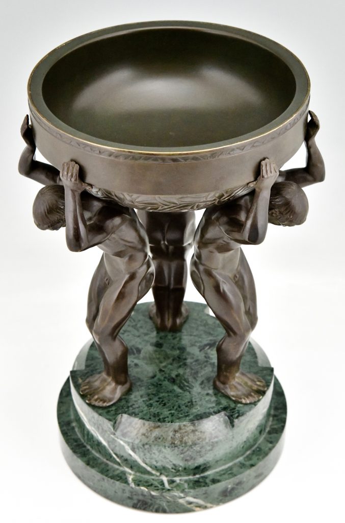 Art Deco bronze sculpture centerpiece with three men. - Deconamic