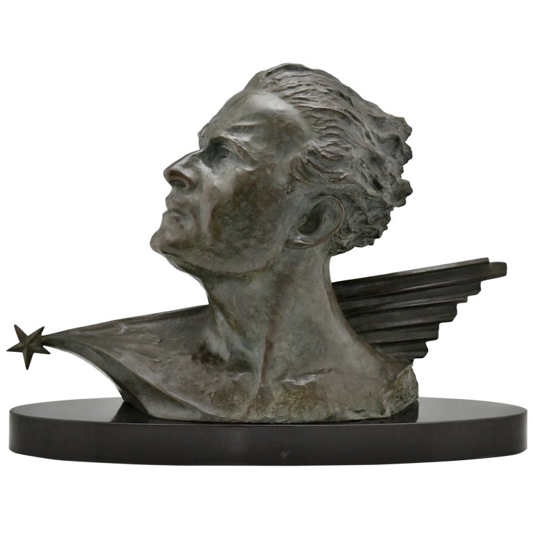 Art Deco bronze sculpture male bust of aviator Jean Mermoz - Deconamic