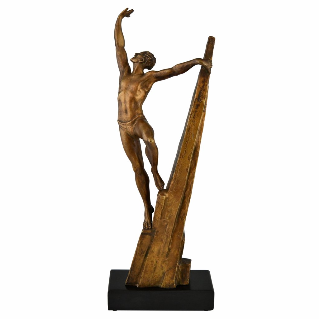 Art Deco bronze sculpture athletic man on a rock - Deconamic