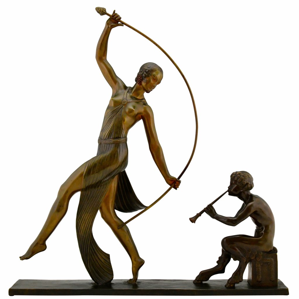 Art Deco bronze sculpture of a Thyrse dancer with faun - Deconamic
