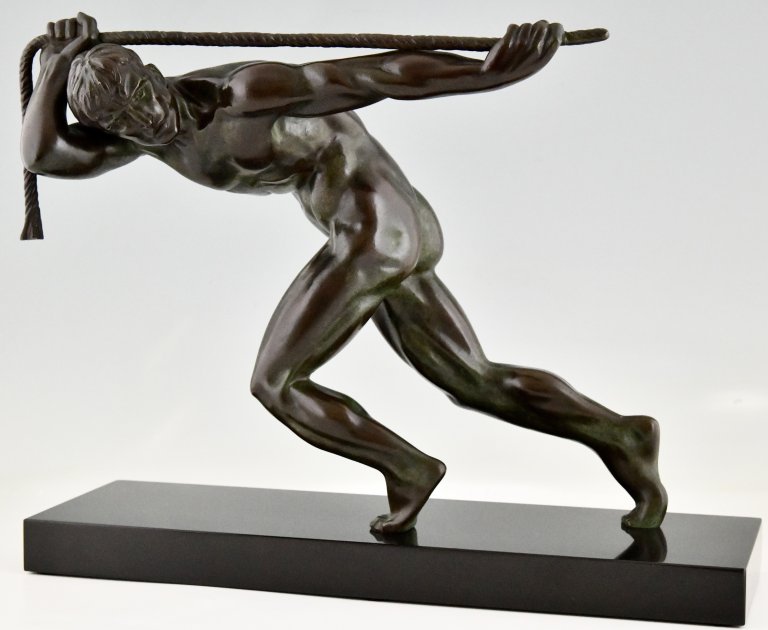 Art Deco bronze sculpture athlete pulling a rope. - Deconamic
