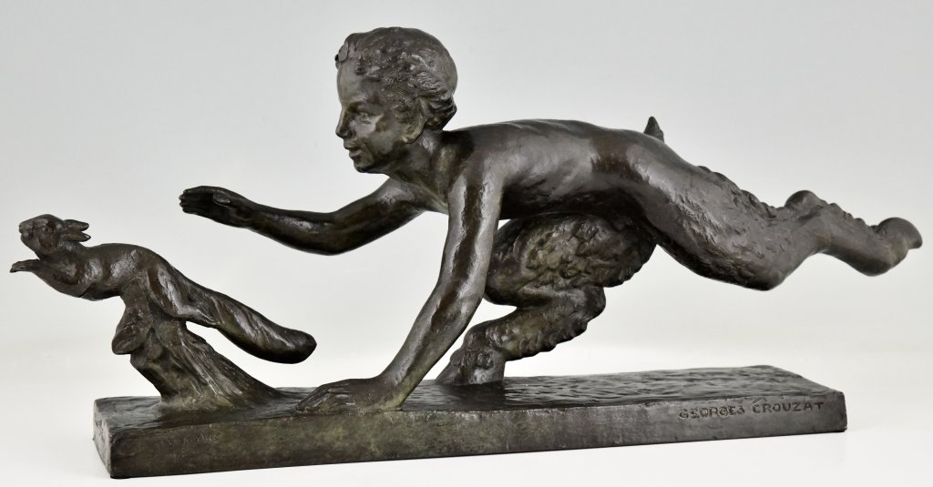 Art Deco bronze sculpture faun and squirrel. - Deconamic
