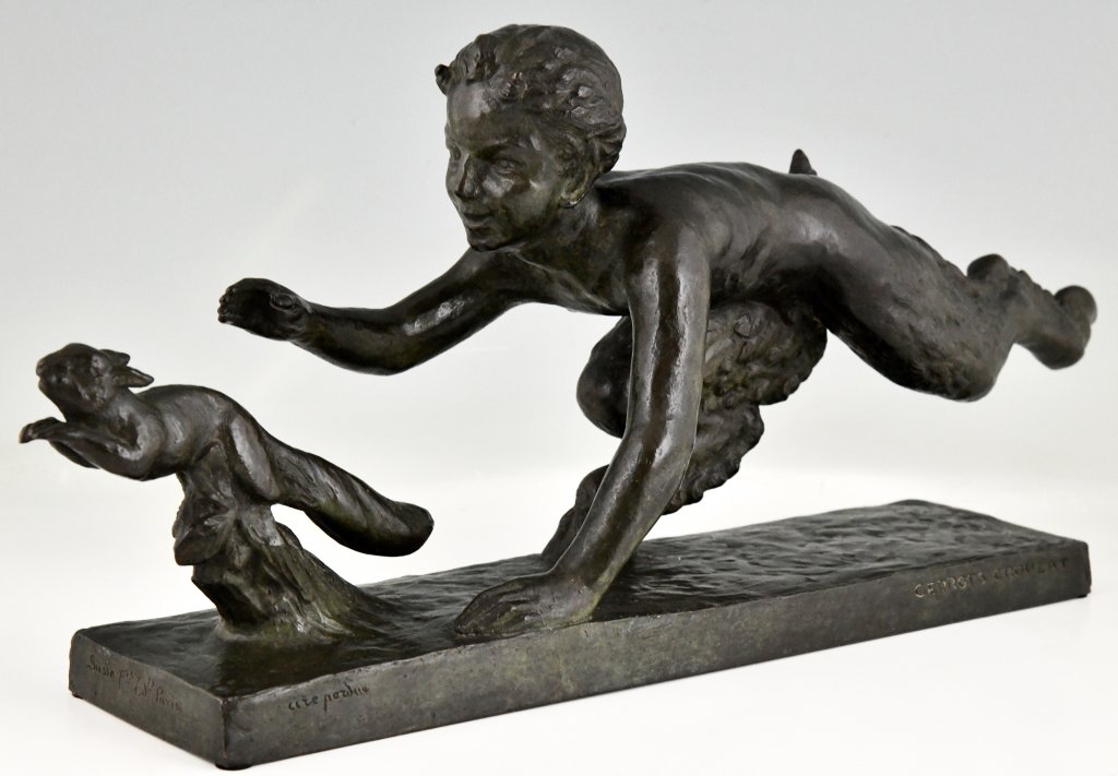 Art Deco bronze sculpture faun and squirrel. - Deconamic