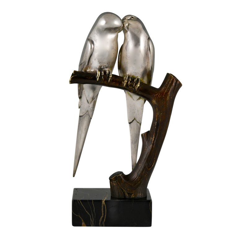 Art Deco bronze sculpture two parakeet birds - Deconamic