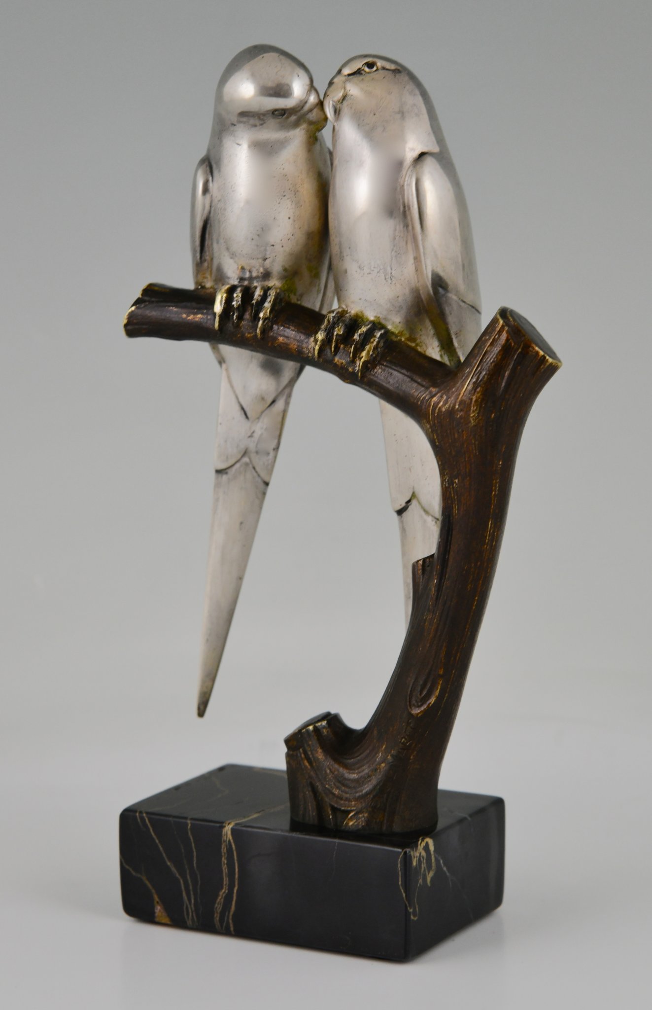 Art Deco bronze sculpture two parakeet birds - Deconamic