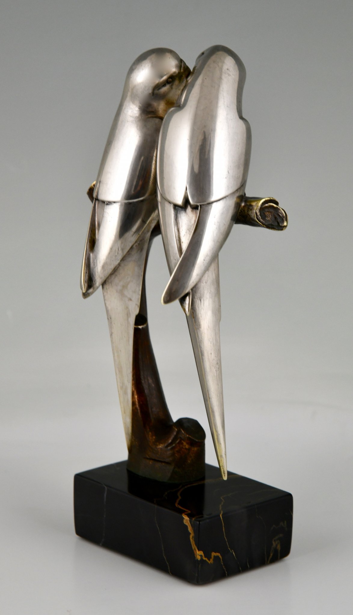 Art Deco bronze sculpture two parakeet birds - Deconamic