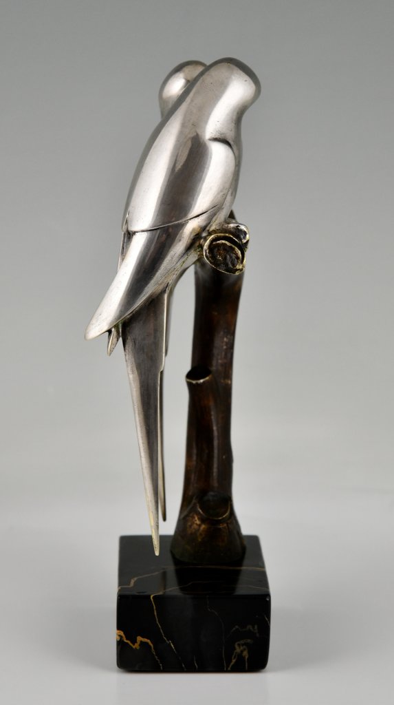 Art Deco bronze sculpture two parakeet birds - Deconamic