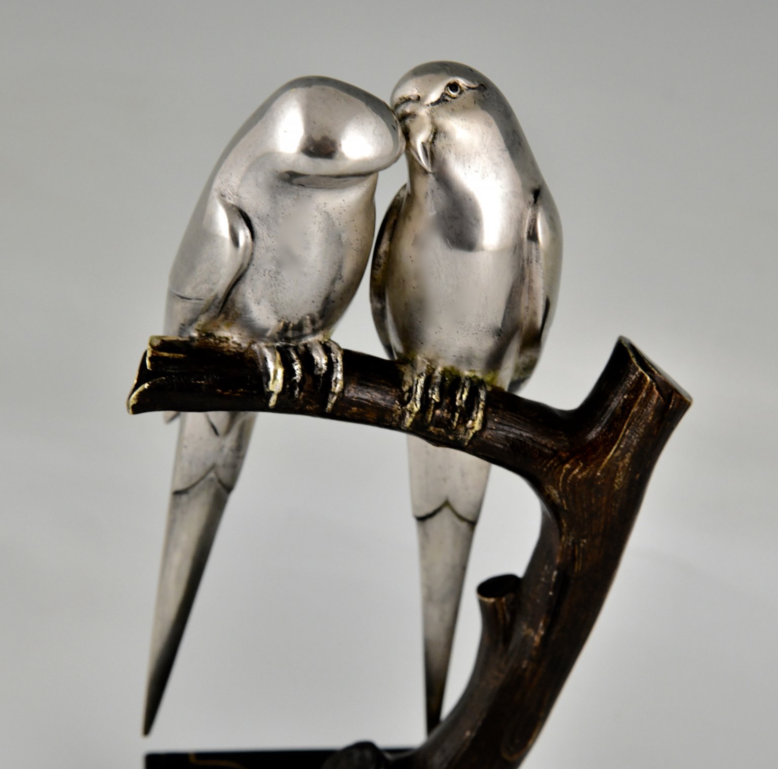 Art Deco bronze sculpture two parakeet birds - Deconamic