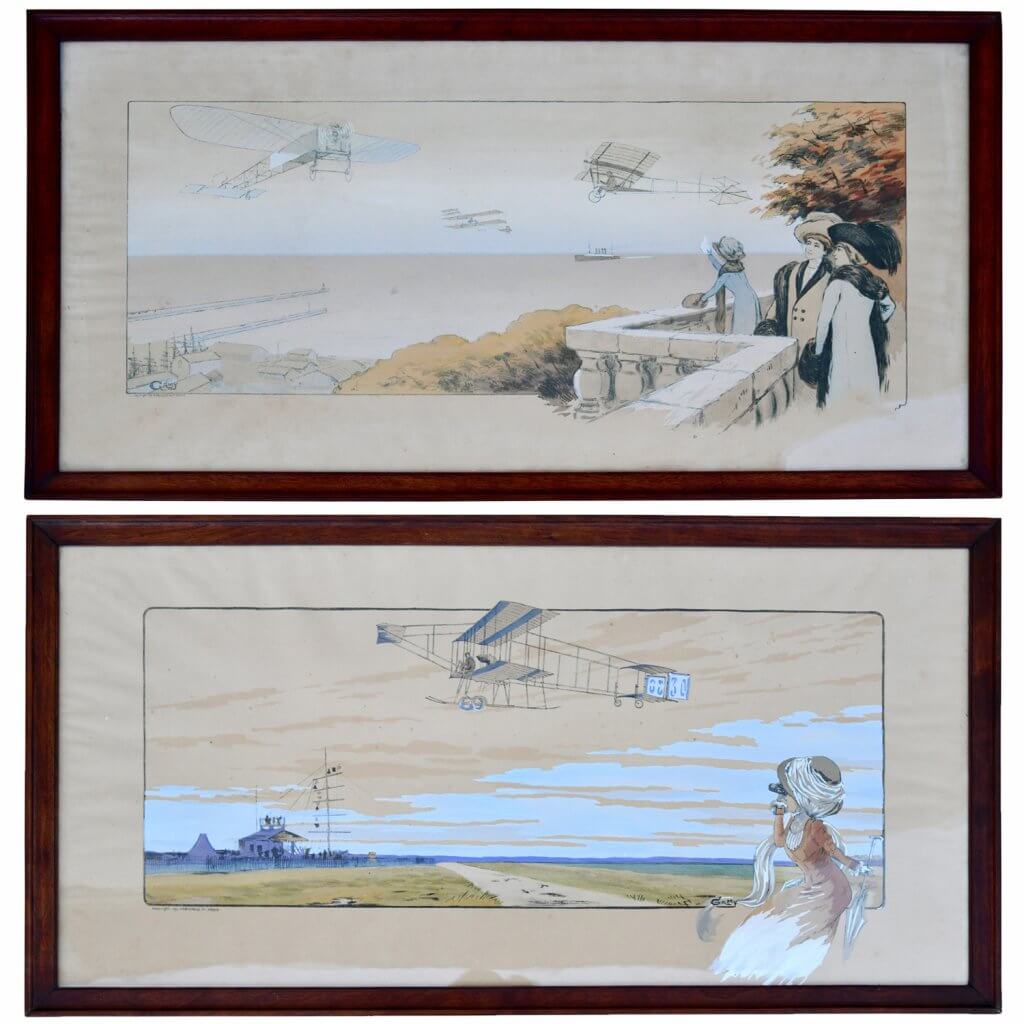 Pair of Art Nouveau lithographs with airplanes - Deconamic