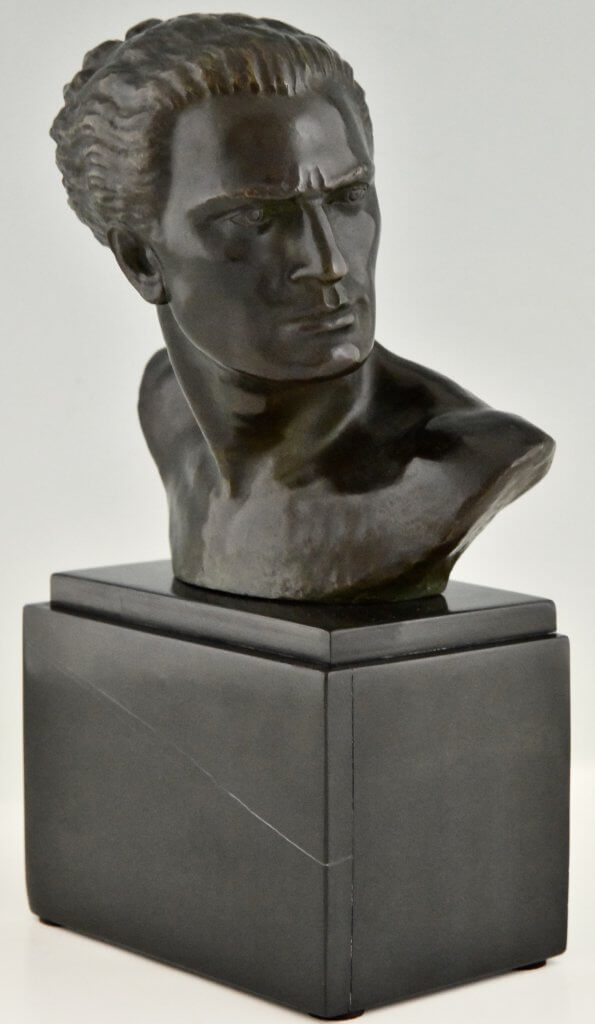 Art Deco bronze sculpture male bust aviator Jean Mermoz - Deconamic