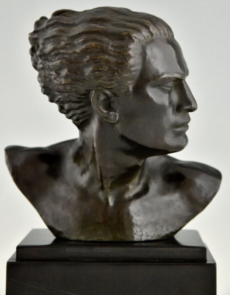 Art Deco bronze sculpture male bust aviator Jean Mermoz - Deconamic