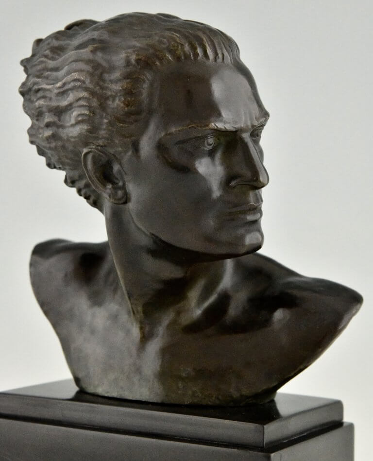 Art Deco bronze sculpture male bust aviator Jean Mermoz - Deconamic