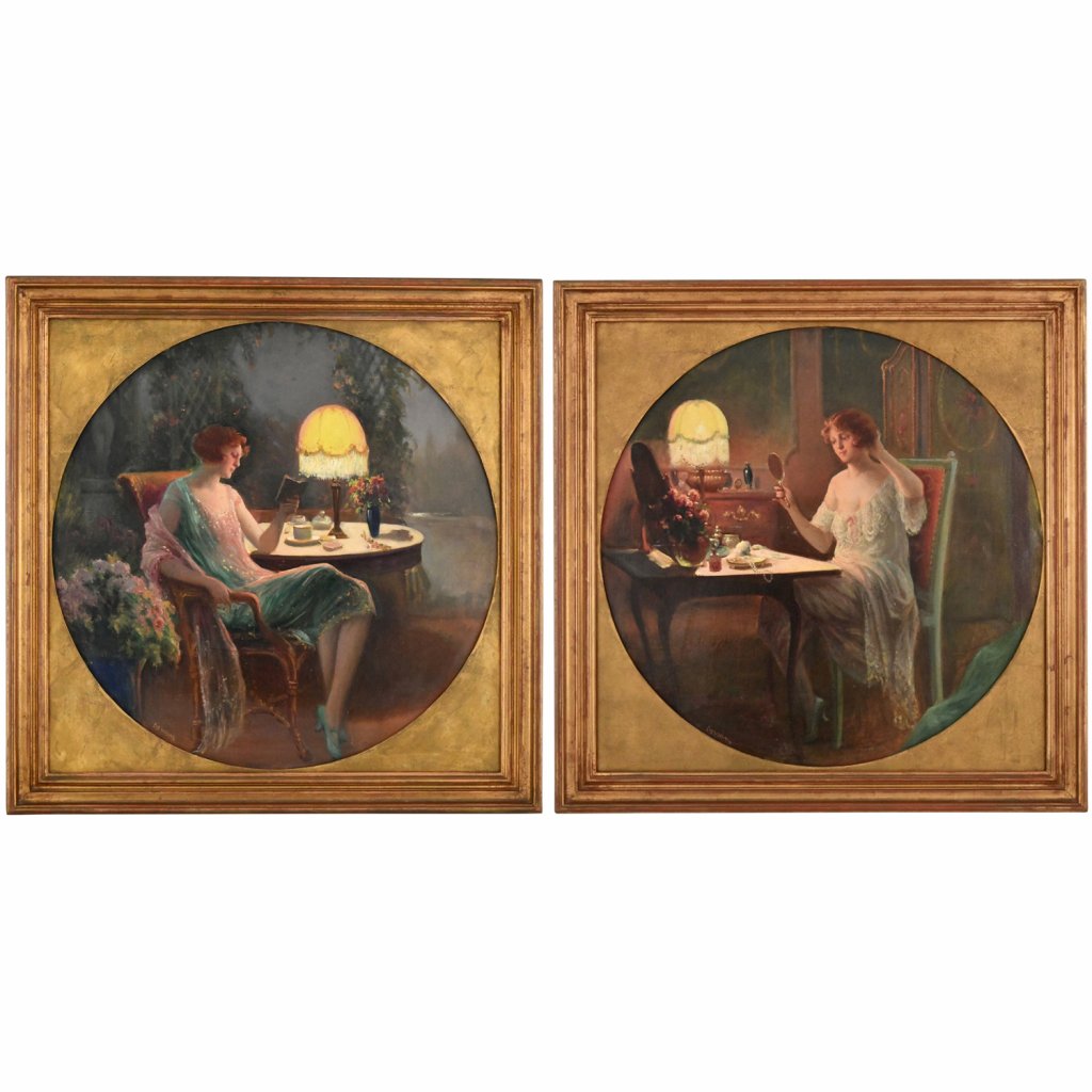Pair of Art Nouveau paintings woman in interior - Deconamic