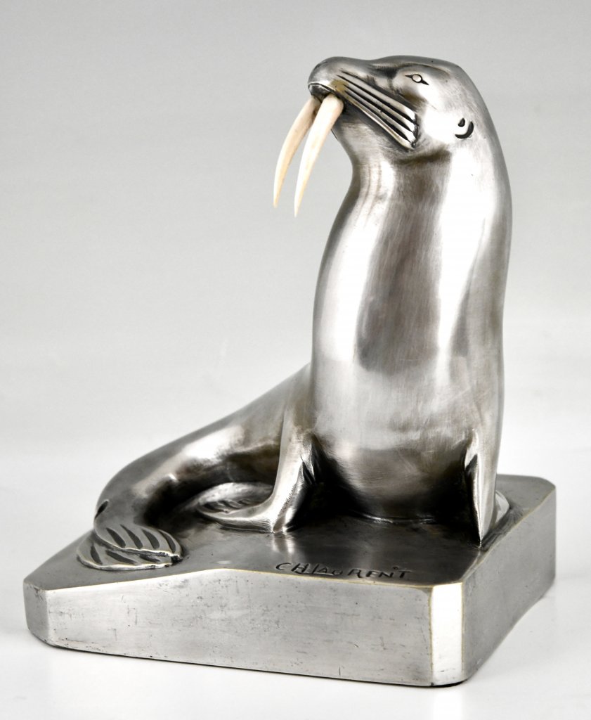 Art Deco silvered bronze walrus bookends - Deconamic