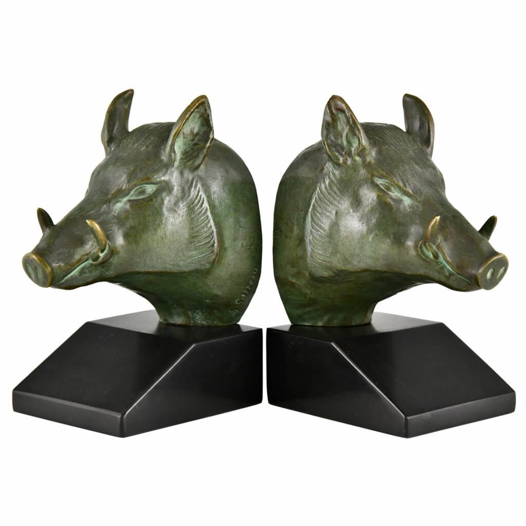 Art Deco bronze bookends wild boar - Deconamic