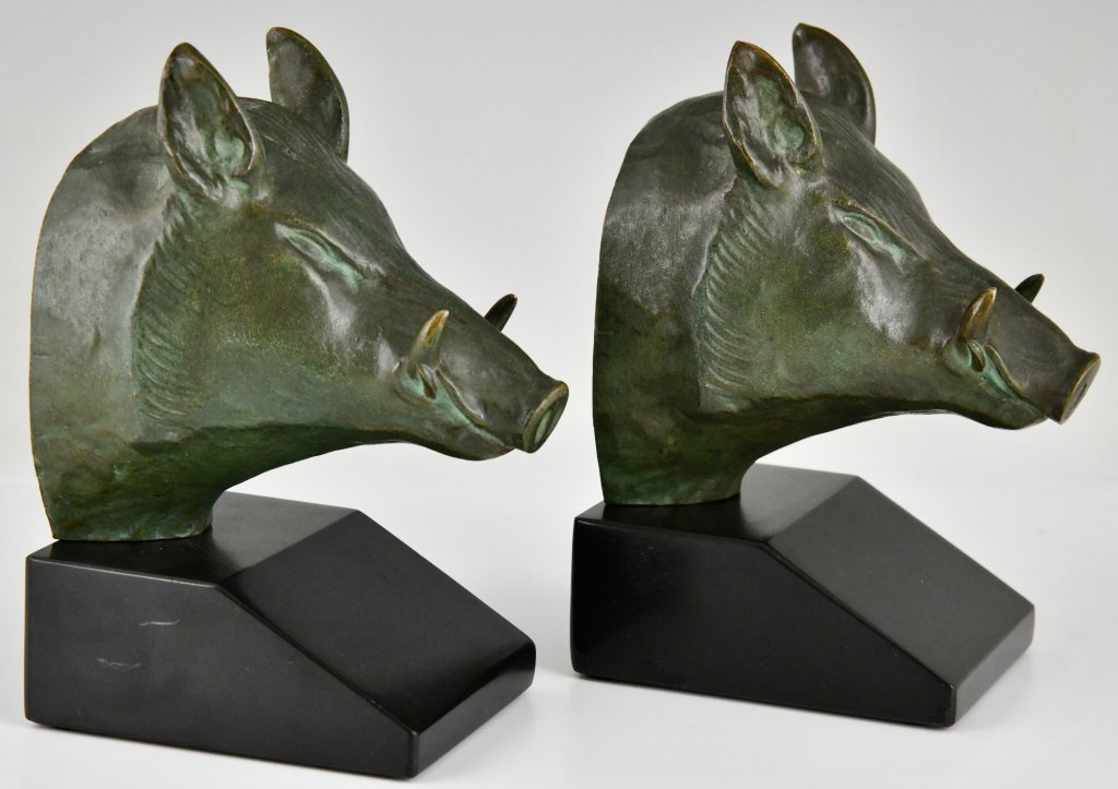 Art Deco bronze bookends wild boar - Deconamic