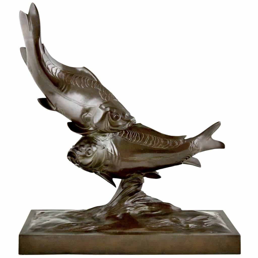 Art Deco bronze sculpture of two carp fish. - Deconamic