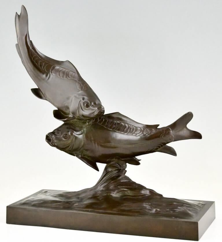 Art Deco bronze sculpture of two carp fish. - Deconamic