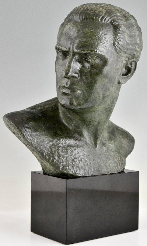 Art Deco bronze sculpture male bust aviator Jean Mermoz - Deconamic