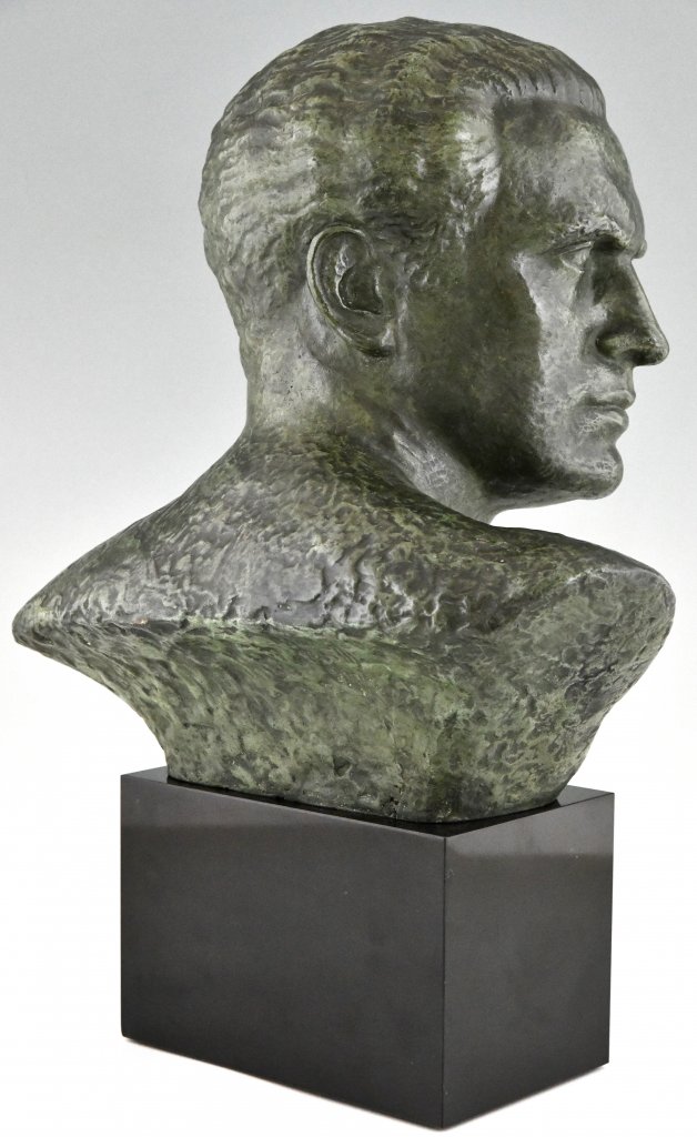 Art Deco bronze sculpture male bust aviator Jean Mermoz - Deconamic