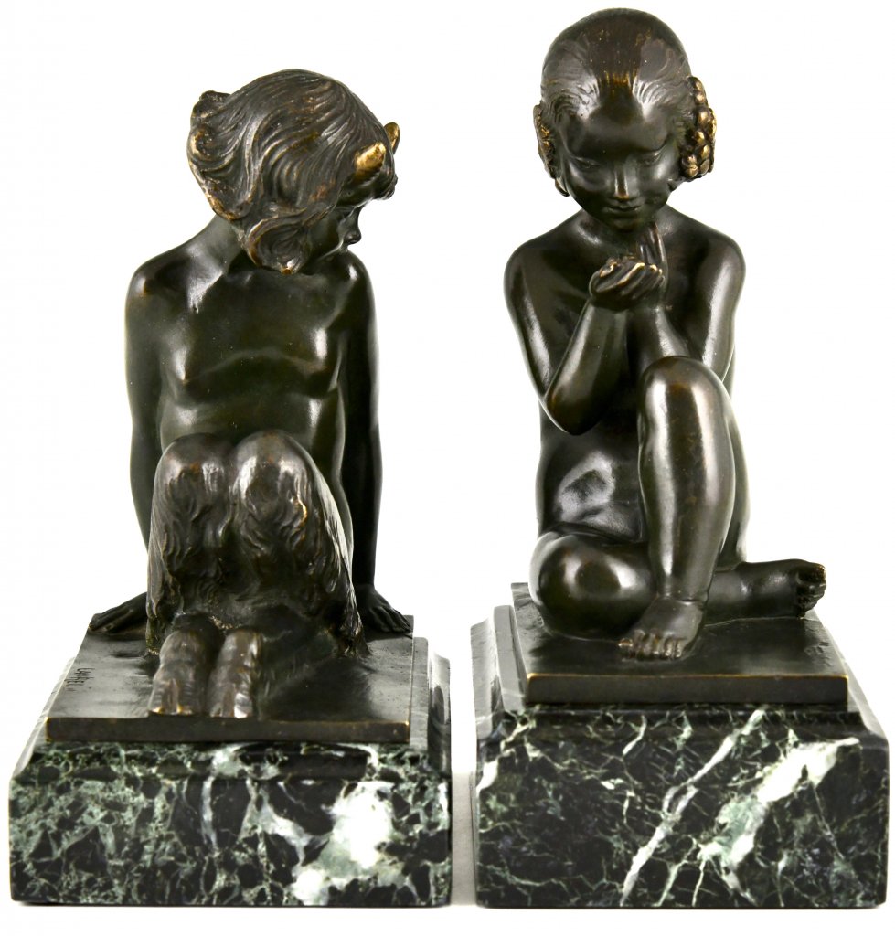Art Deco bronze bookends faun and girl - Deconamic