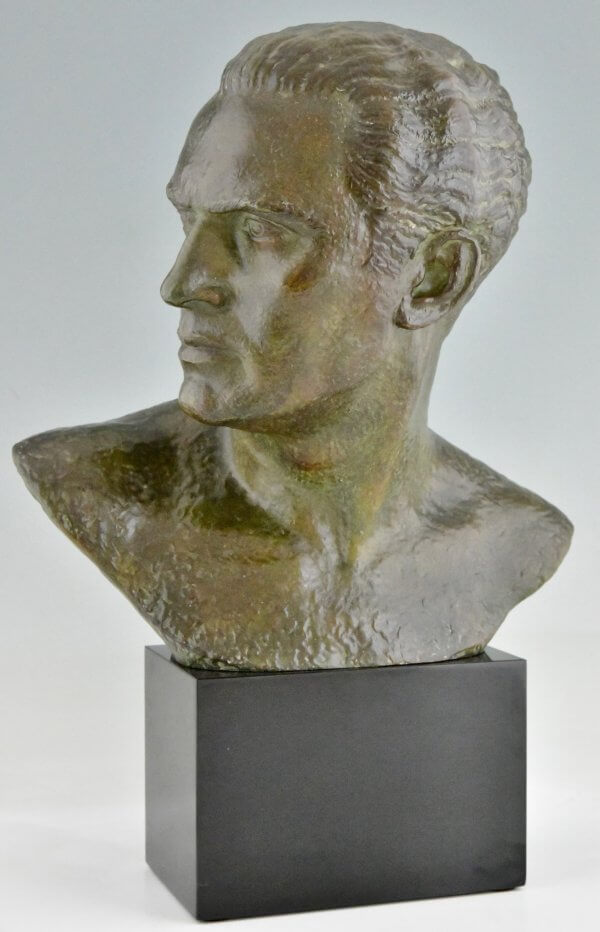 Art Deco bronze sculpture male bust aviator Jean Mermoz - Deconamic