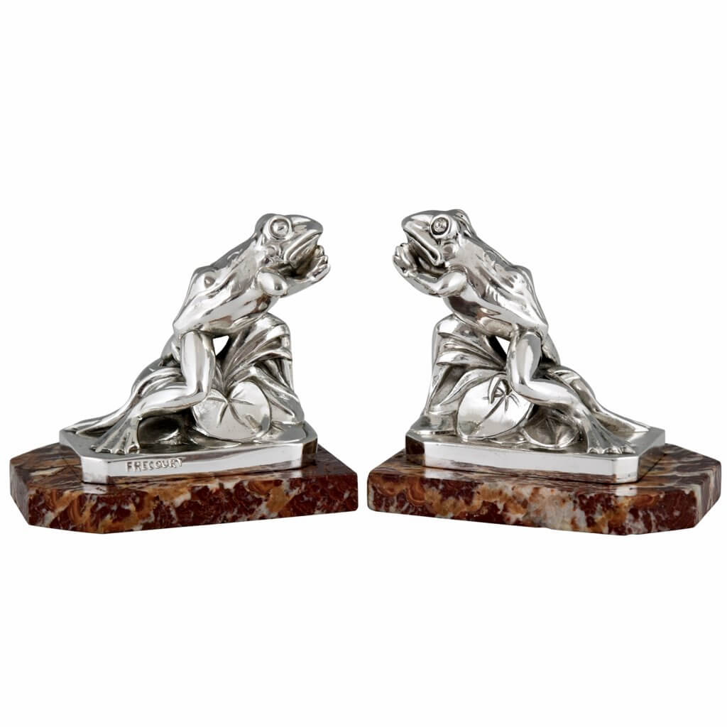 Art Deco silvered frog bookends. - Deconamic