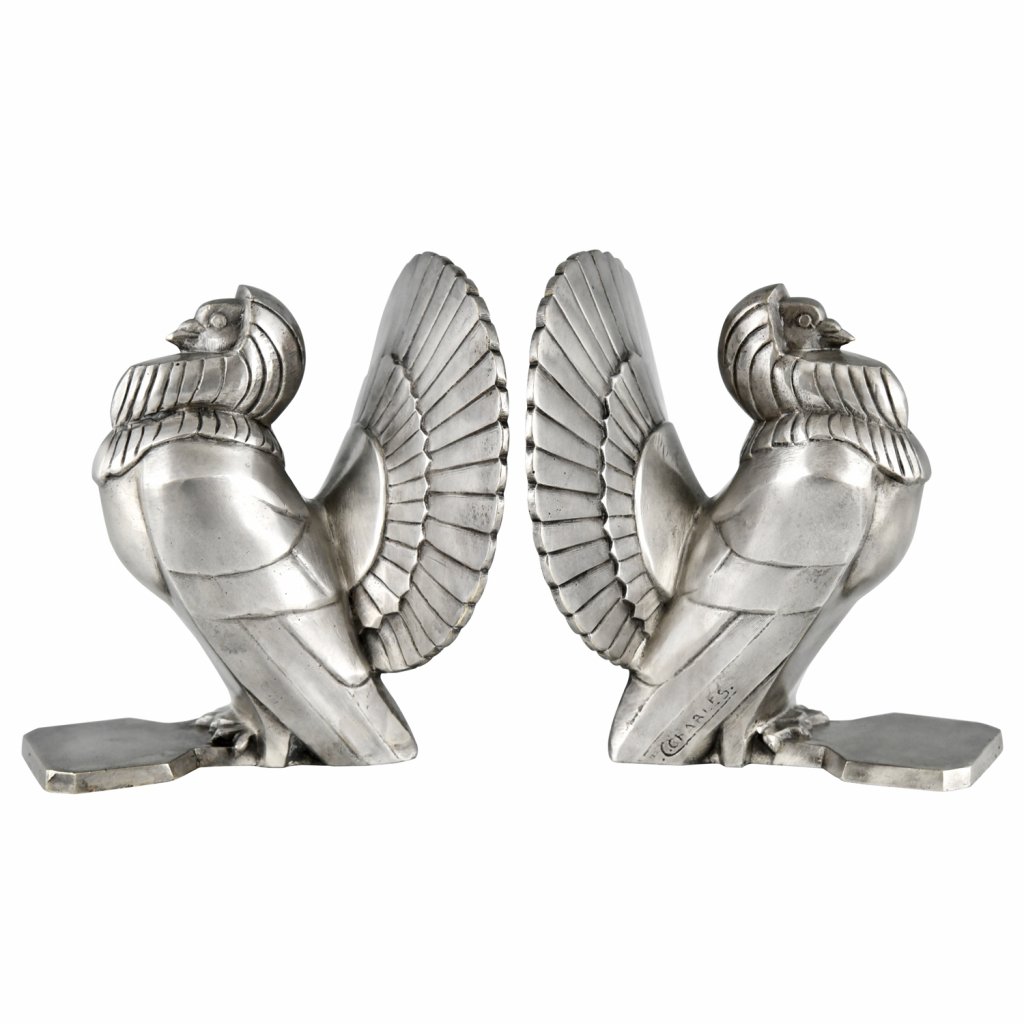 Art Deco silvered bronze dove bookends. - Deconamic