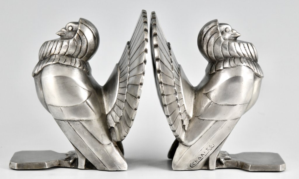 Art Deco silvered bronze dove bookends. - Deconamic