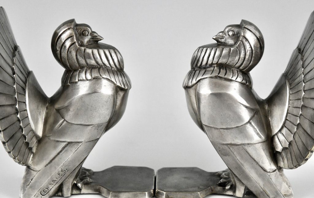 Art Deco silvered bronze dove bookends. - Deconamic