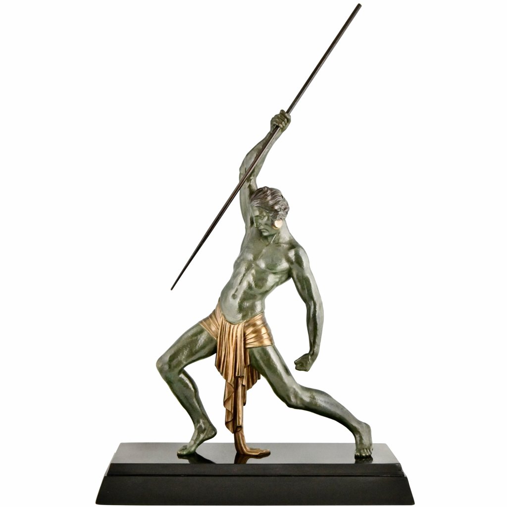 Art Deco sculpture man with spear. - Deconamic